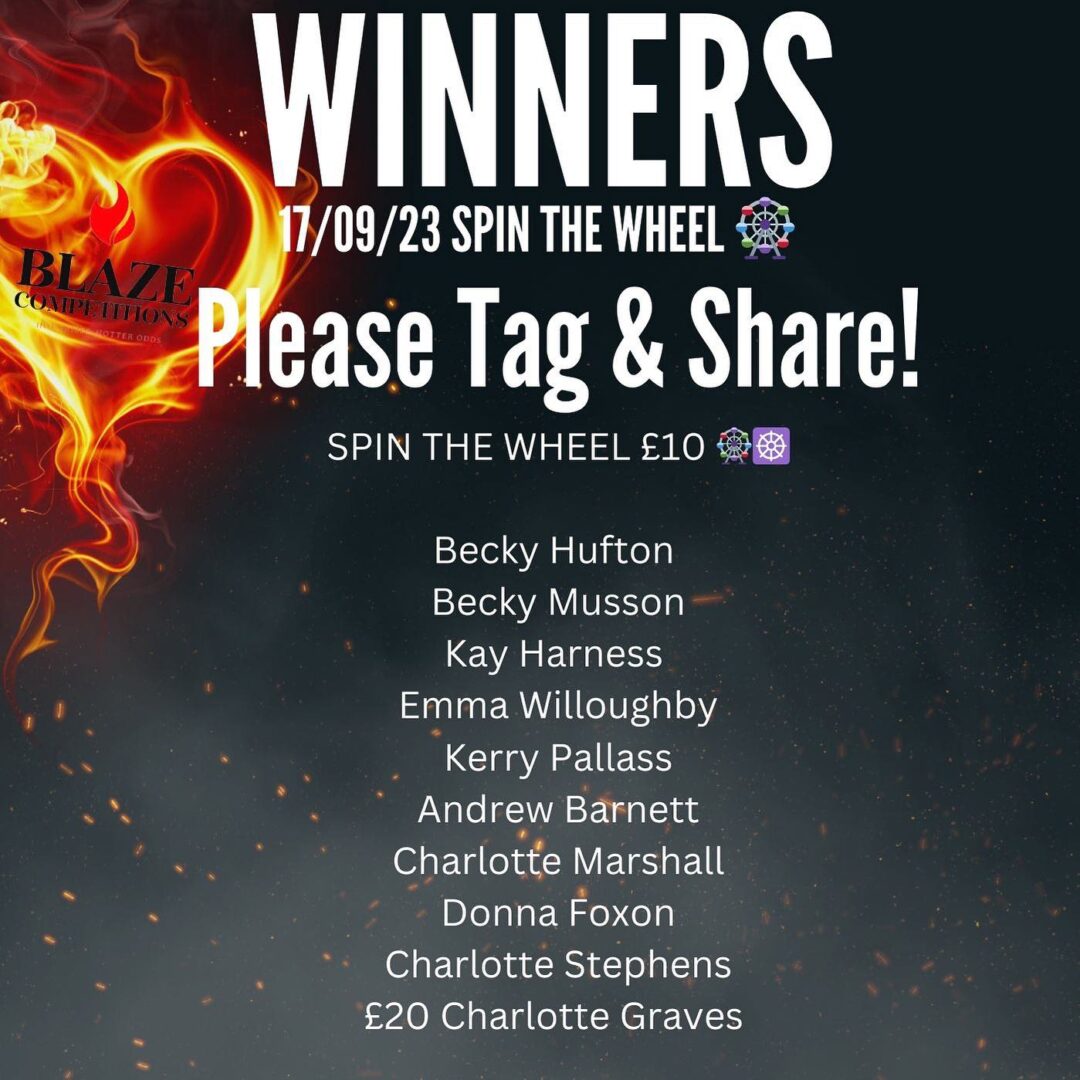 Spin The Wheel Winners 17.09.23 - Blaze Competitions